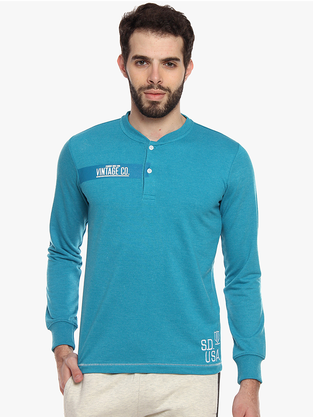 Buy Duke Men Turquoise Blue Solid Henley Neck T Shirt - Tshirts for Men ...