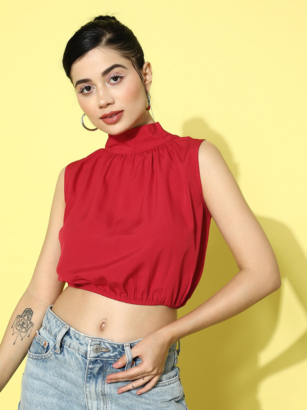 Buy Berrylush Red Tie Up Neck Crepe Cinched Waist Crop Top - Tops for ...