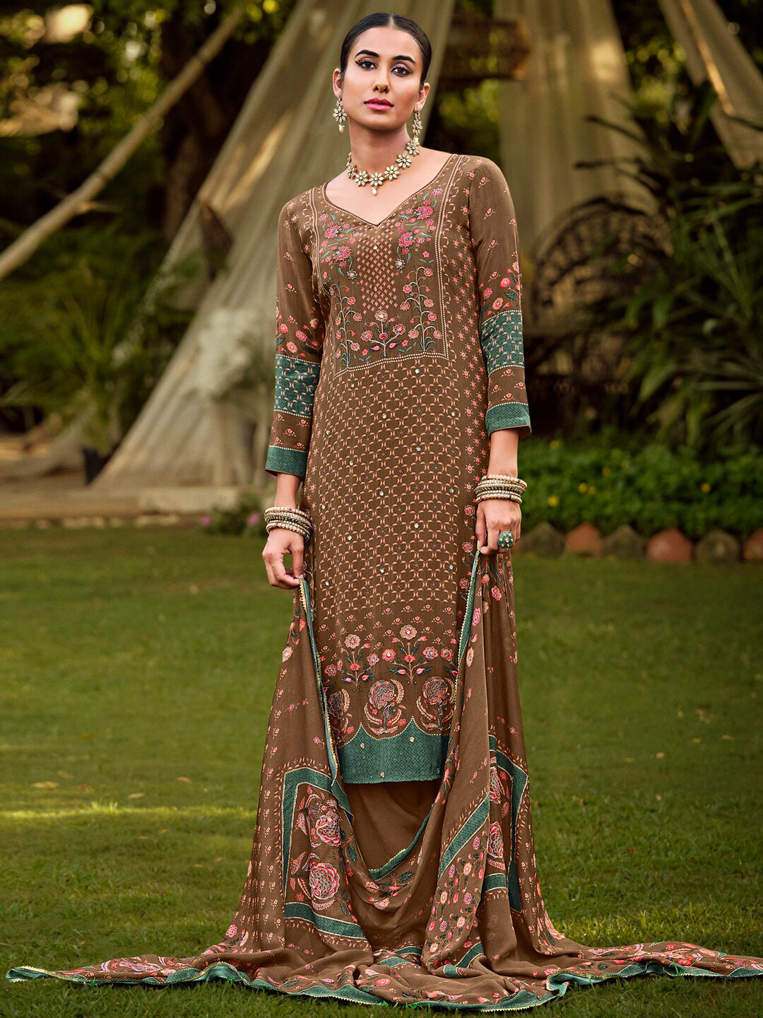 Buy Stylee LIFESTYLE Embroidered Silk Crepe Unstitched Dress Material ...