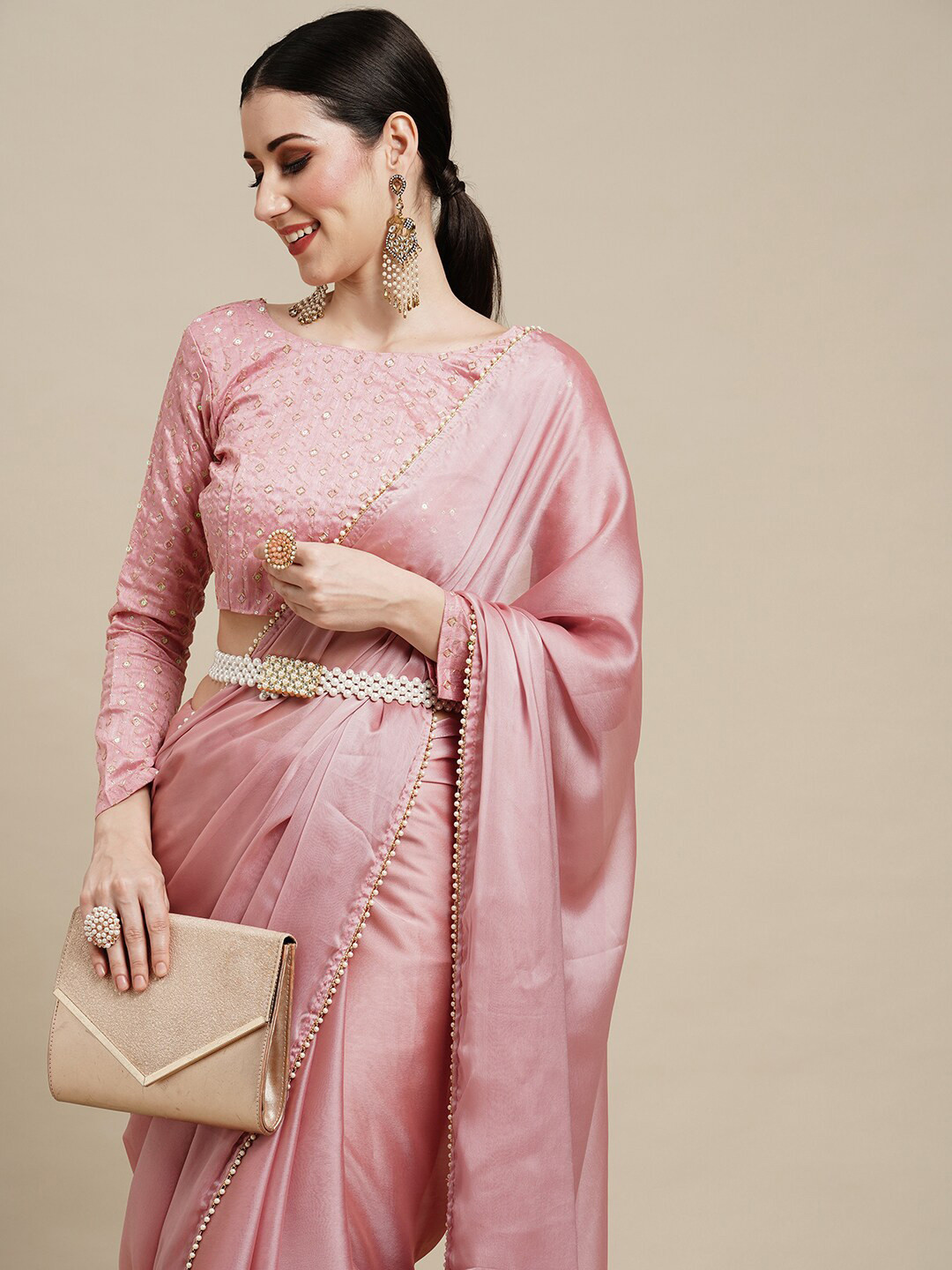 Buy Anouk Pink & Gold Toned Embellished Pure Georgette Saree - Sarees ...