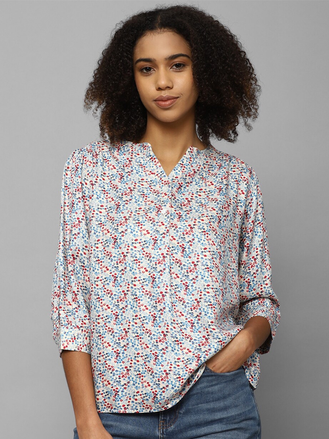 Buy Allen Solly Woman Floral Printed Mandarin Collar Shirt Style Top