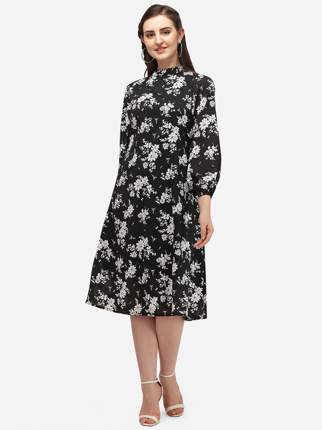 Buy Kalini Floral Print Puff Sleeve Georgette Fit And Flare Midi Dress