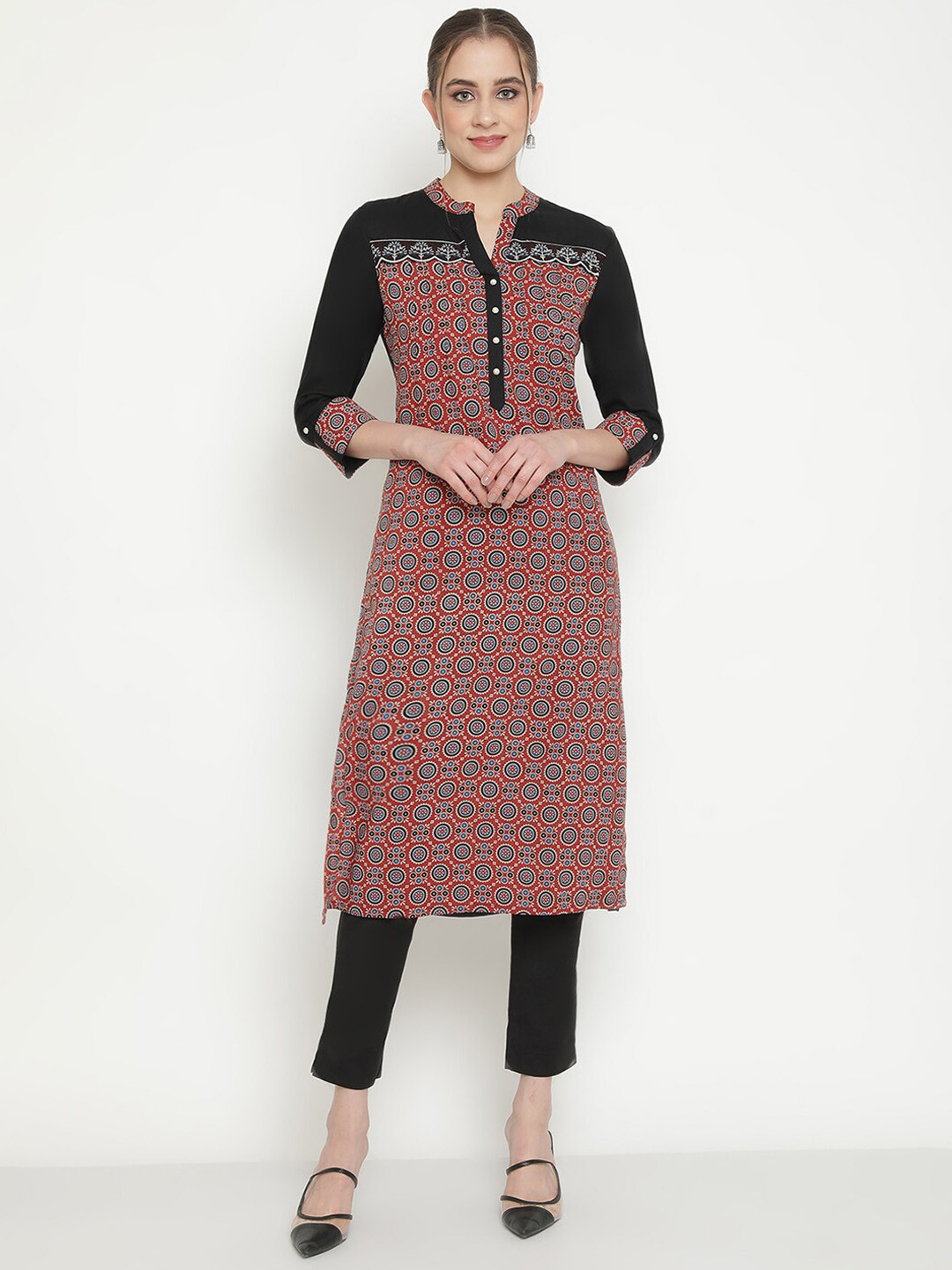 Buy Be Indi Women Mandarin Collar Ethnic Motifs Straight Side Slits ...