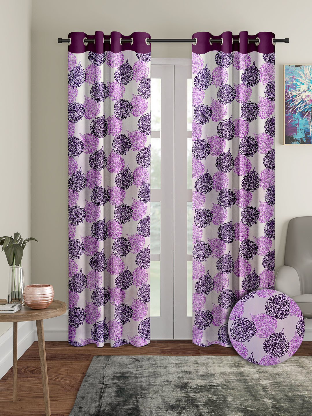 Buy Cortina Purple & Cream Coloured 2 Pieces Leaf Printed Door Curtains ...