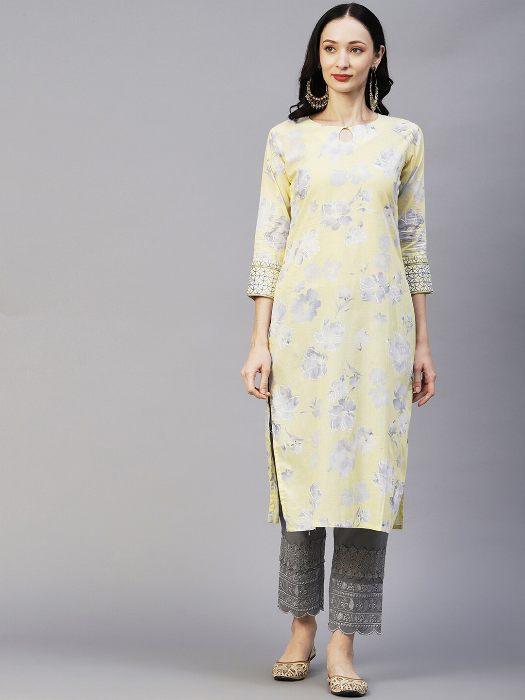Buy FASHOR Yellow Floral Printed Keyhole Neck Thread Work Cotton Kurta ...
