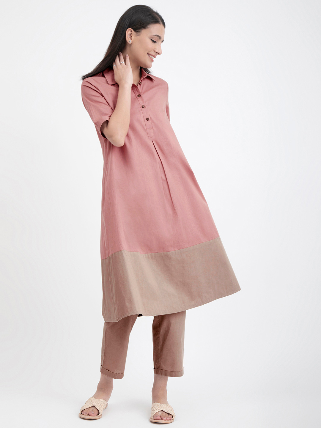 Buy Pink Fort Colourblocked Collared Neck Cotton A Line Kurta - Kurtas ...