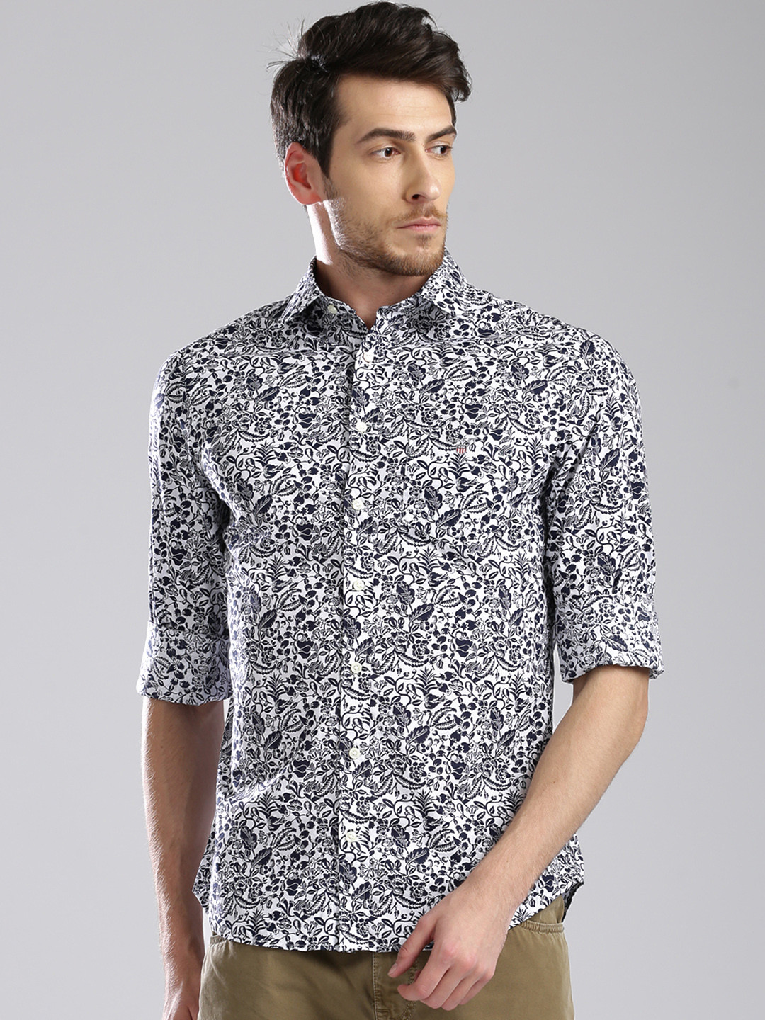 Buy GANT Men White & Navy Blue Slim Fit Printed Casual Shirt - Shirts ...