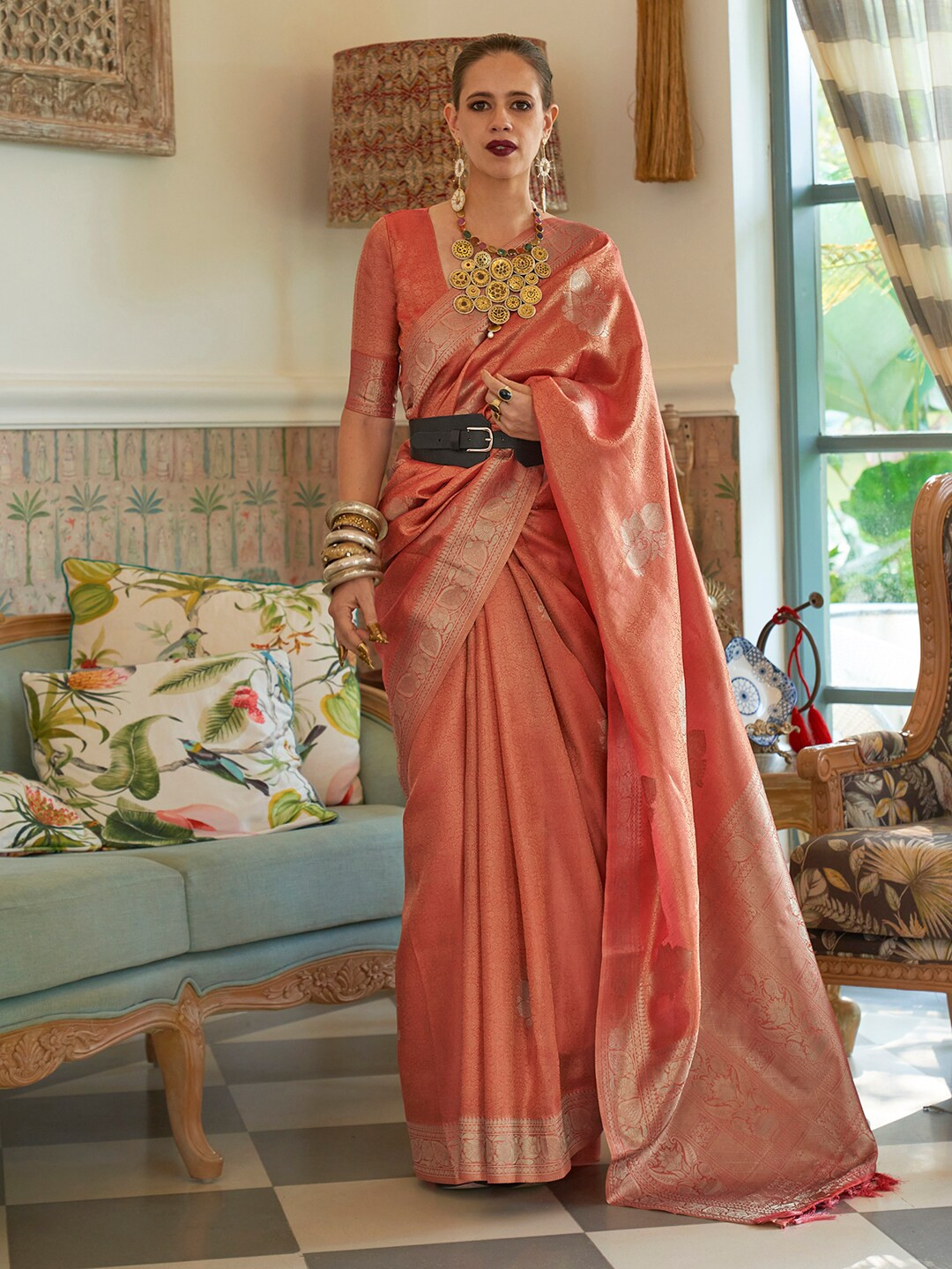 Buy Saree Mall Rust & Gold Toned Ethnic Motifs Woven Design Zari ...