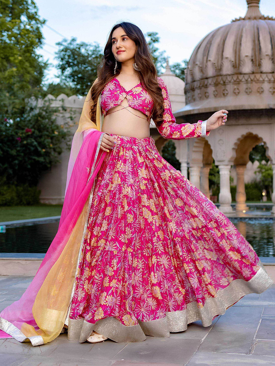 Buy AACHHO Floral Printed Organza Ready To Wear Lehenga & Blouse With ...