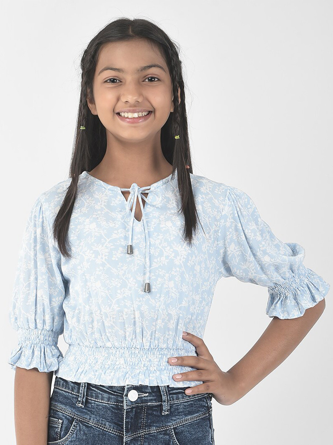 Buy Crimsoune Club Girls Floral Printed Tie Up Neck Puff Sleeve Crop ...