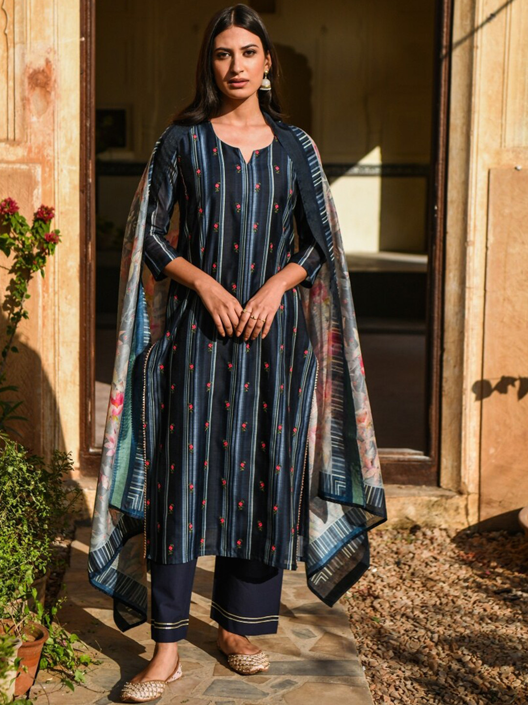 Buy KARAJ JAIPUR Striped Thread Work Kurta With Trousers & Dupatta ...