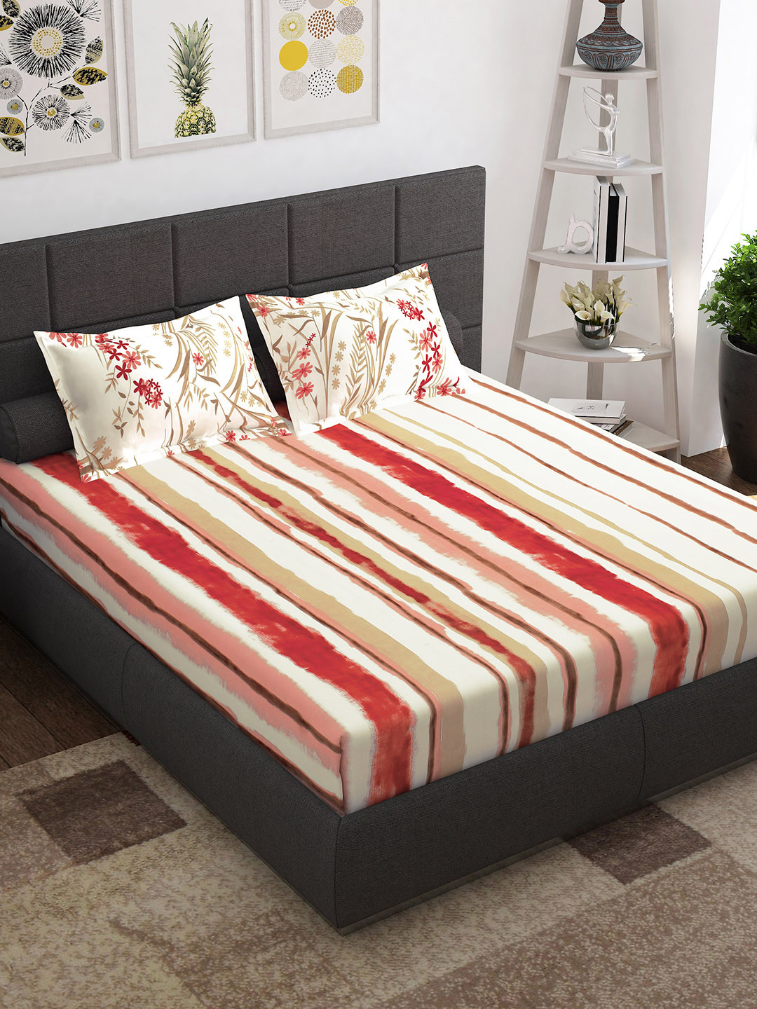 Buy Story@home Red White Striped 144 TC Queen Cotton Bedsheet With 2 ...