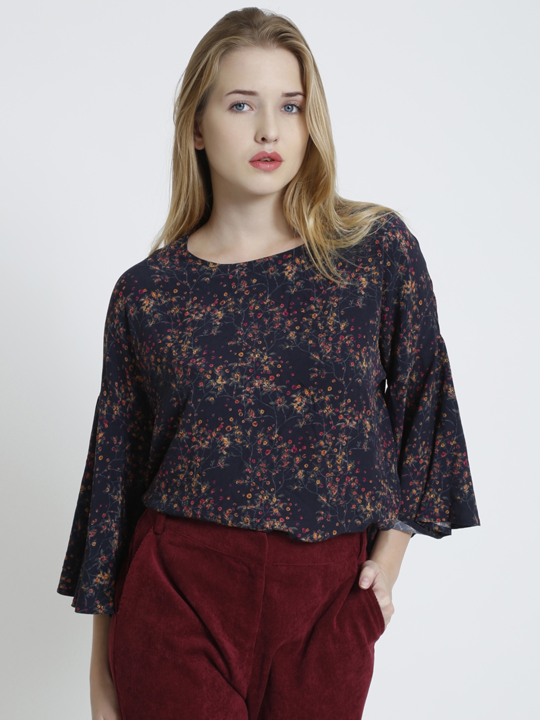 Buy Cover Story Women Navy Blue Printed Top Tops For Women 2279156