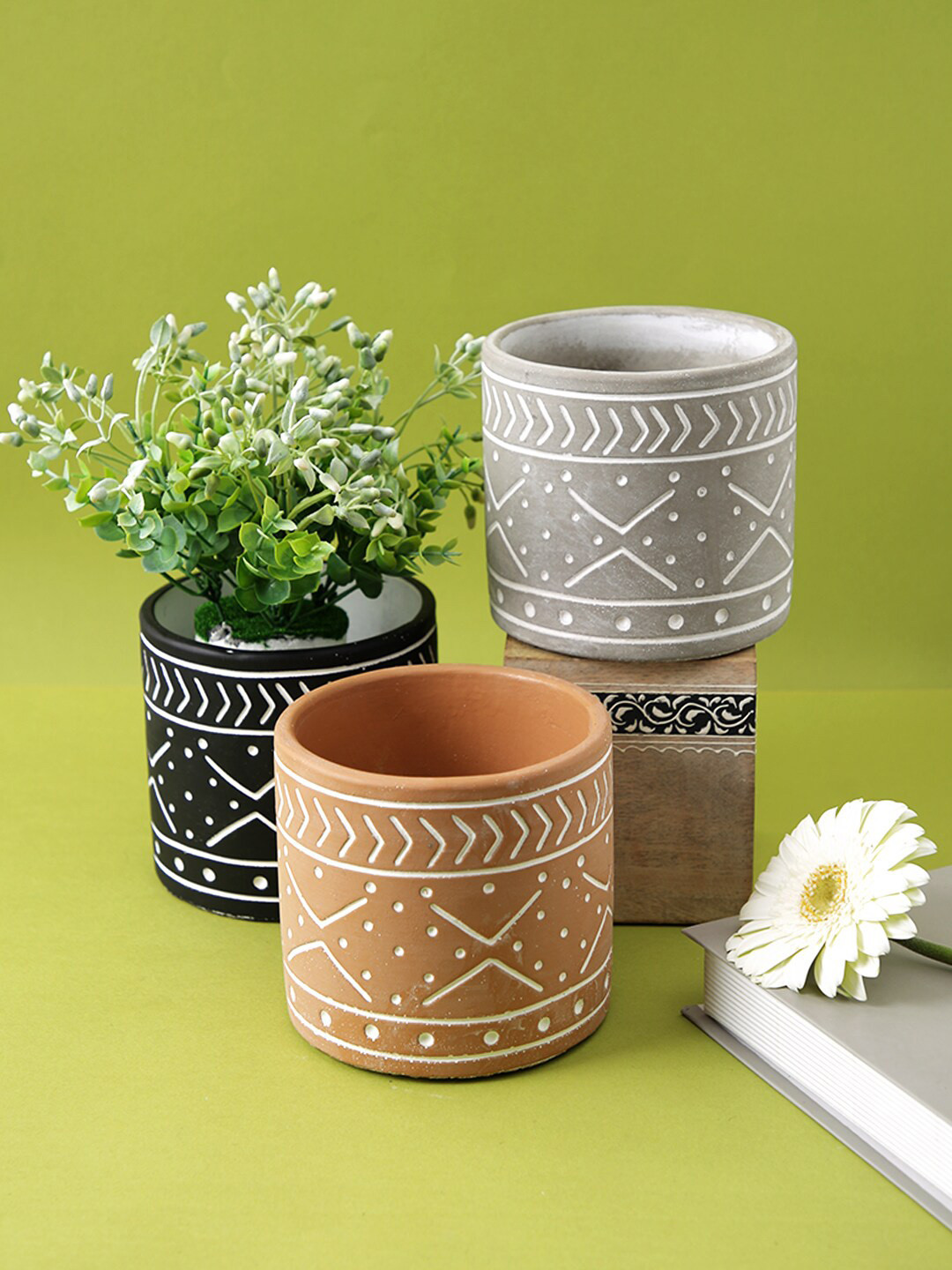 Buy TAYHAA 3 Pieces White & Grey Engraved Ceramic Planter - Planters ...
