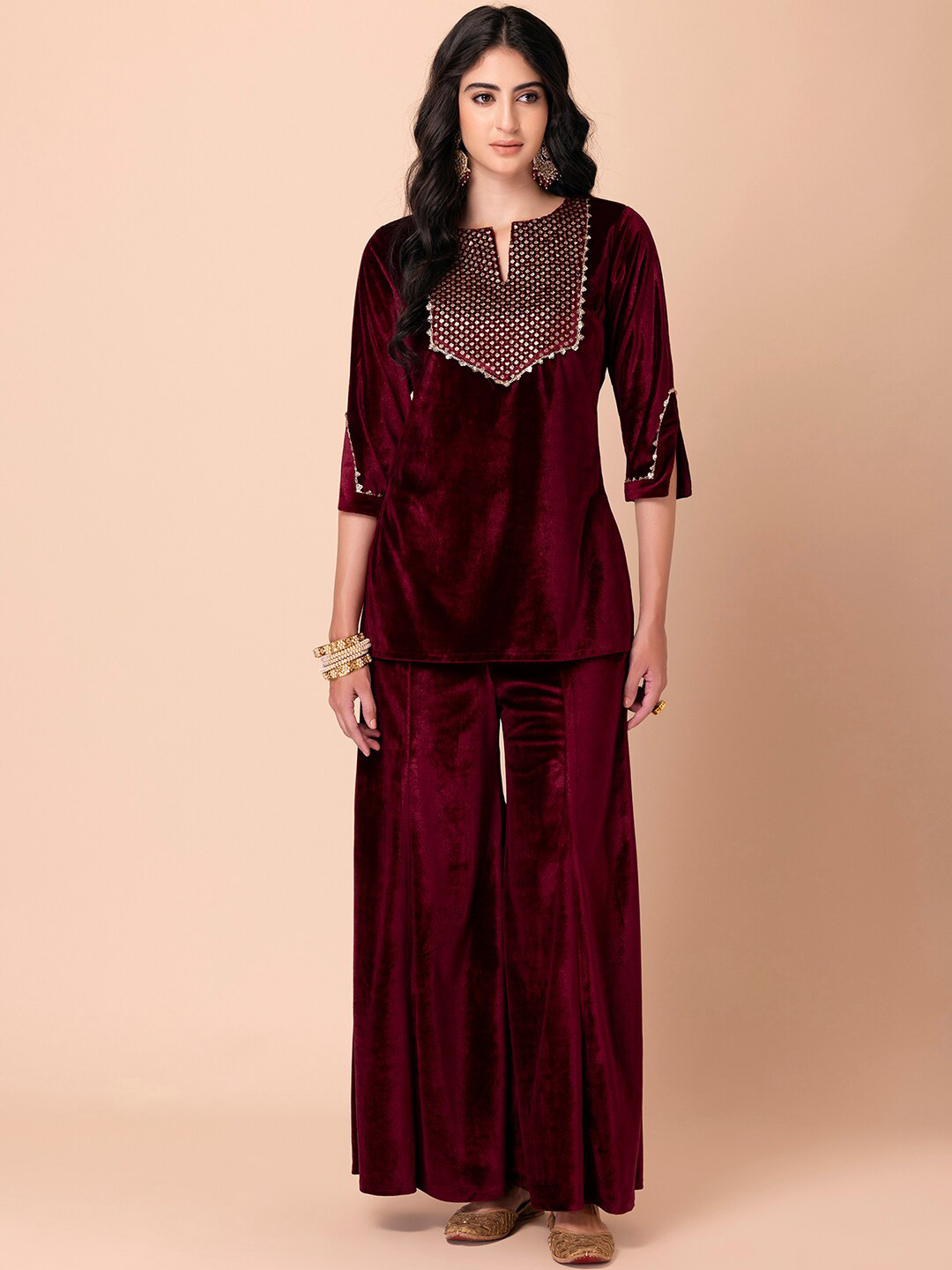 Buy INDYA Floral Embroidered Velvet Kurti With Palazzos - Kurta Sets ...
