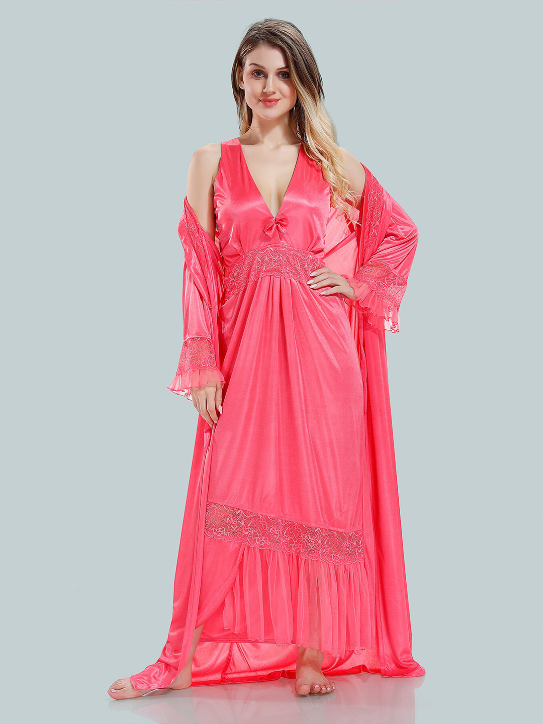 Buy Be You V Neck Lace Up Details Satin Maxi Nightdress With Robe ...