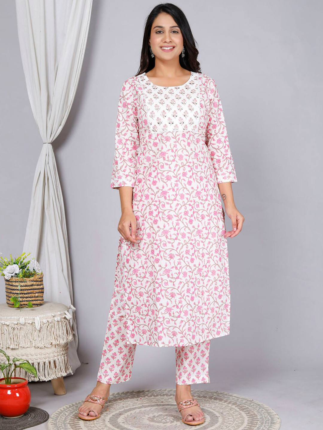 Buy Gvs Shoppe Floral Printed Mirror Work Pure Cotton Kurta With ...