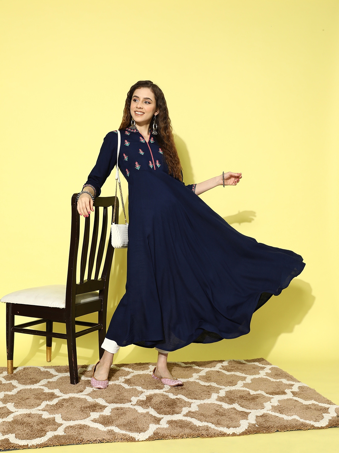 Buy All About You Women Navy Blue And Pink Ethnic Motifs Embroidered Pure