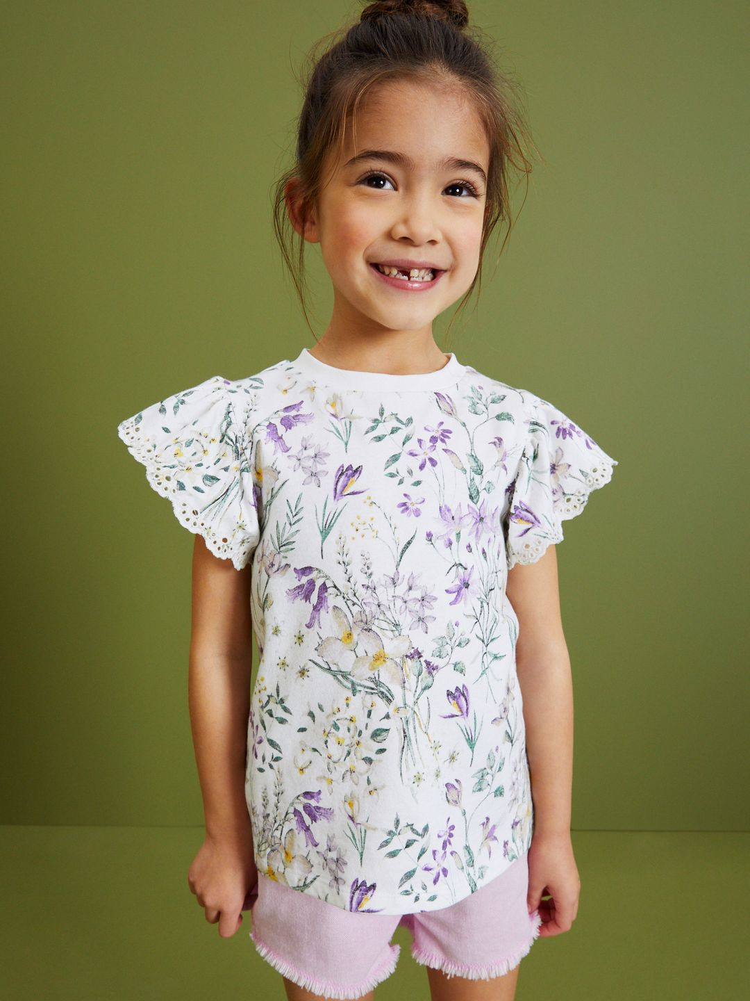 Buy NEXT Girls Floral Printed Flared Sleeve Cotton Top - Tops for Girls ...