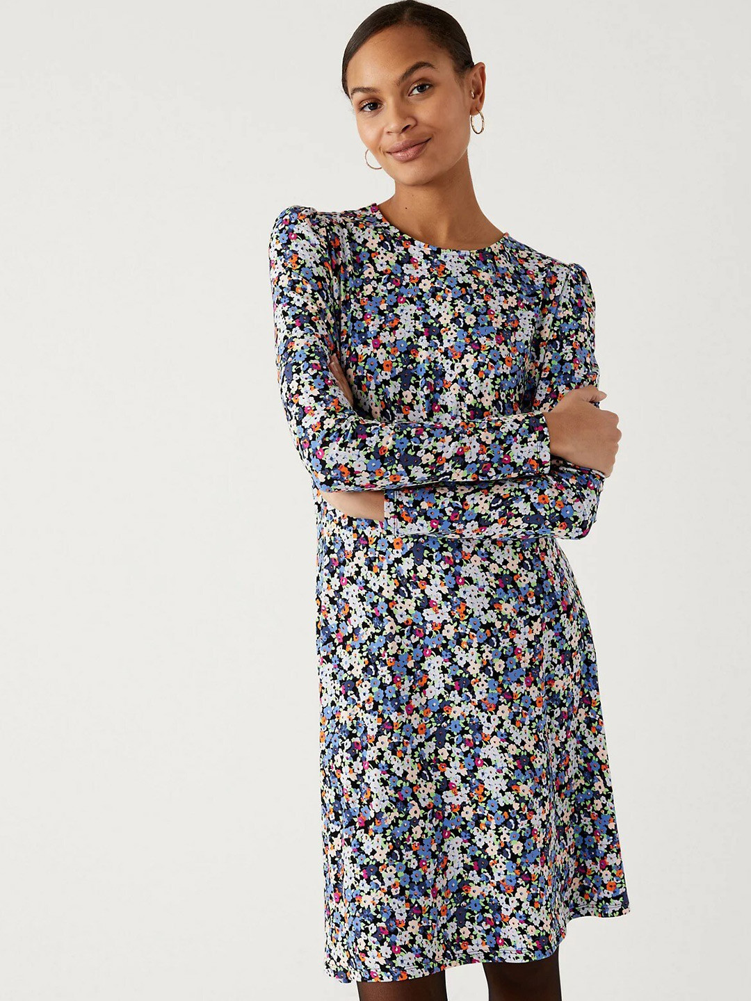 Buy Marks & Spence Floral Printed Knee Length Fit & Flare Dress ...