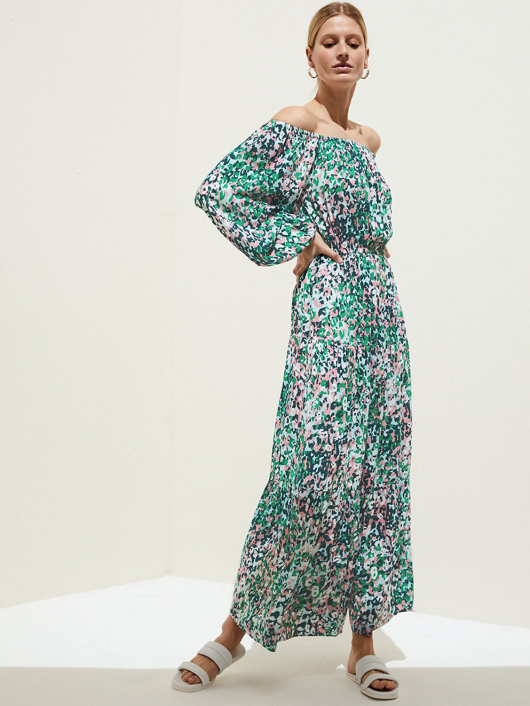 Buy Marks & Spencer Floral Printed Off Shoulder Fit & Flare Midi Dress ...