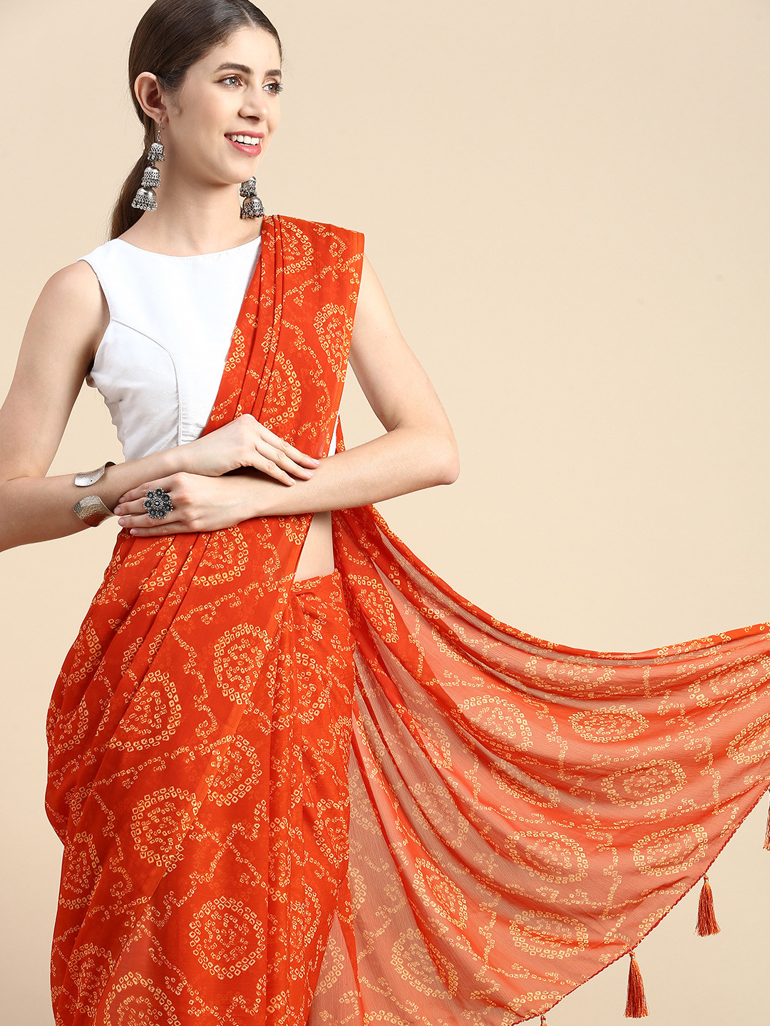 Buy Rani Saahiba Orange Bandhani Poly Chiffon Bandhani Saree - Sarees ...