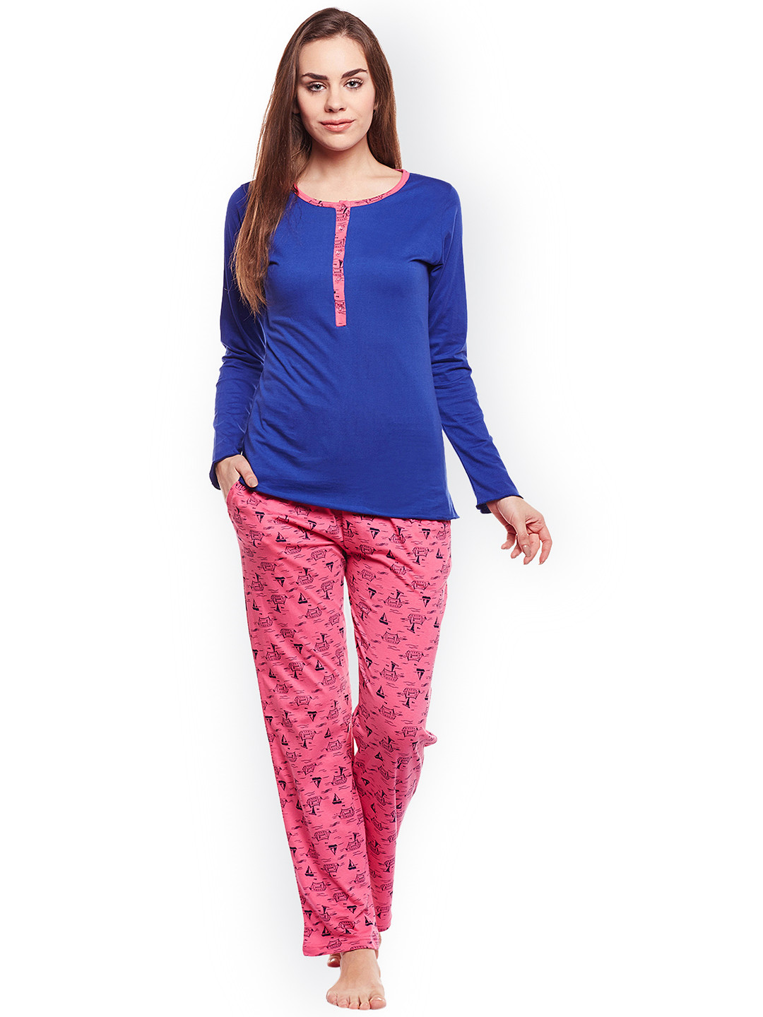 Buy Claura Women Blue & Pink Solid Night Suit Cot 57 - Night Suits for ...