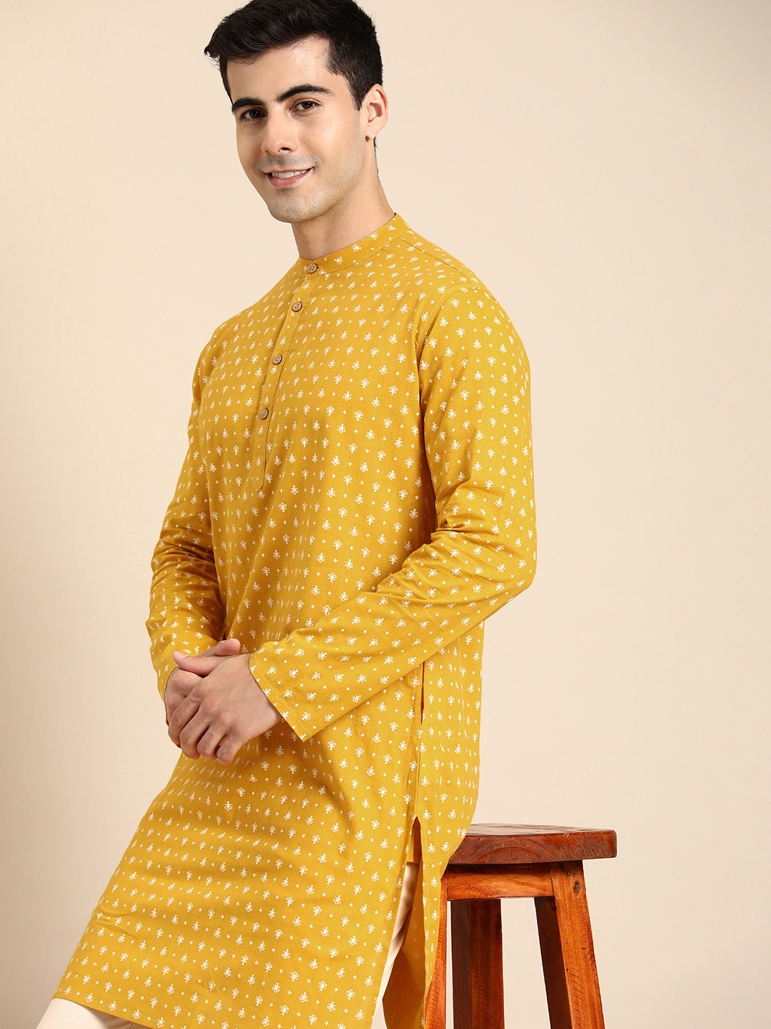 Buy Anouk Men Ethnic Motifs Printed Mandarin Collar Pure Cotton Kurta ...
