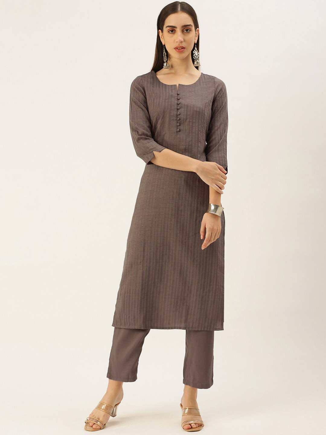 Buy Saanjh Grey Notched Neck Striped Kurta With Trousers - Kurta Sets ...