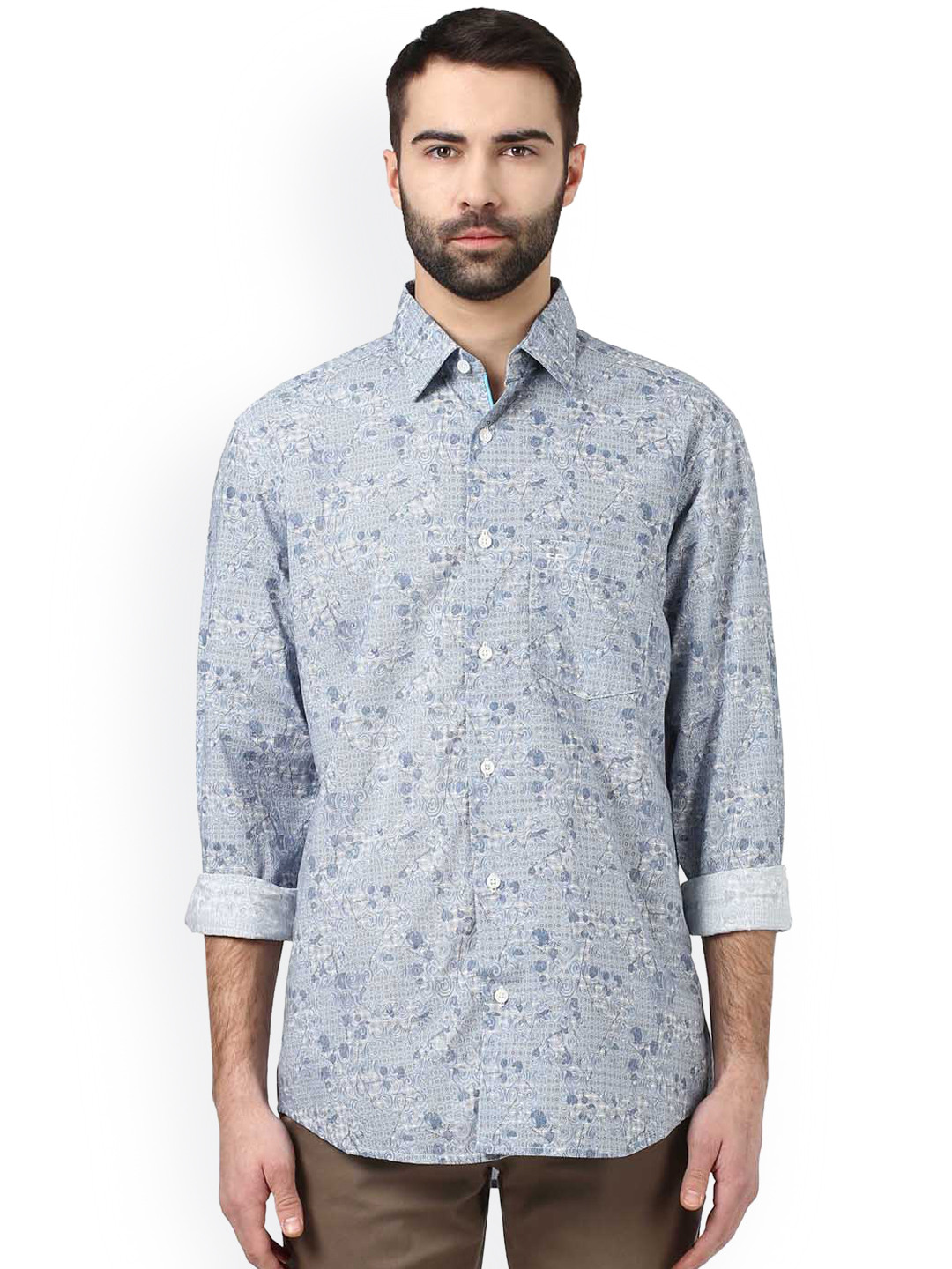 Buy ColorPlus Men Blue & Grey Tailored Fit Printed Casual Shirt ...