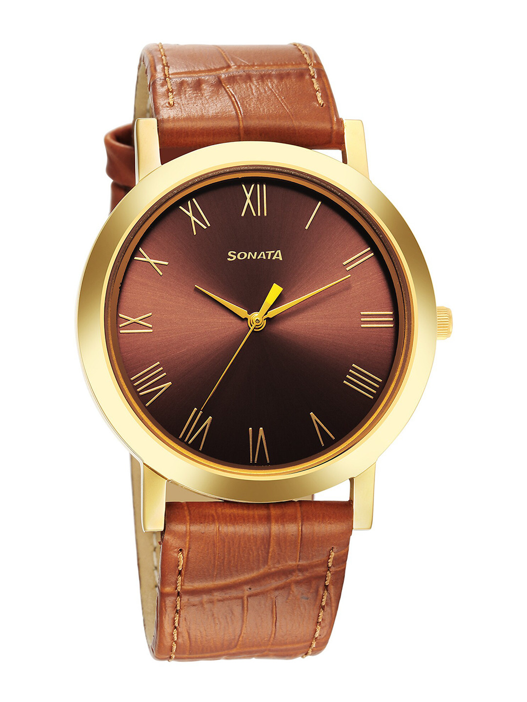 Buy Sonata Men Brass Dial & Leather Straps Analogue Watch 77108YL02 ...
