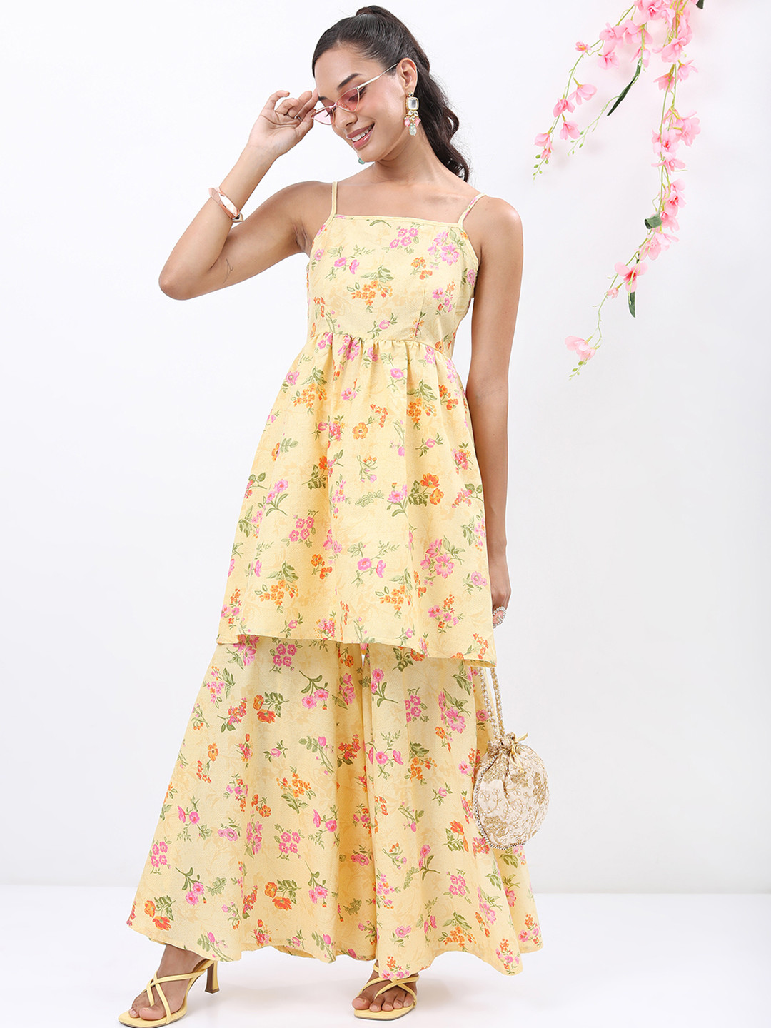 Buy Vishudh Women Yellow Floral Printed Regular Kurta With Sharara ...