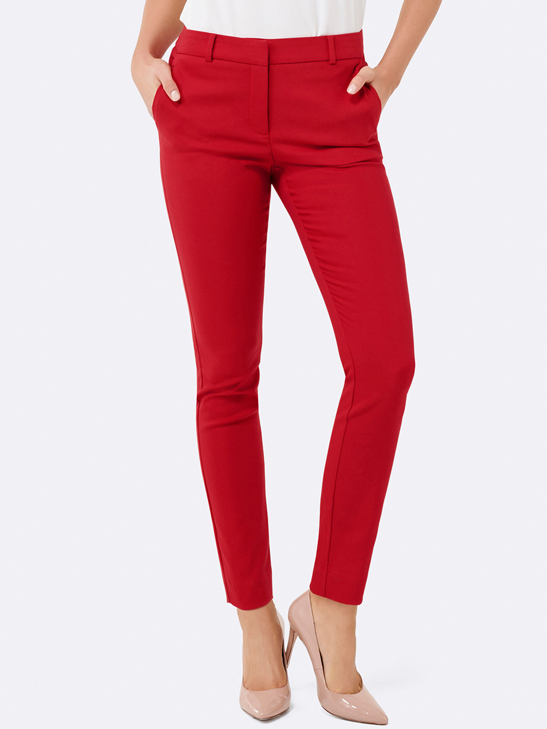 Buy Forever New Women Red Slim Fit Solid Regular Trousers - Trousers ...