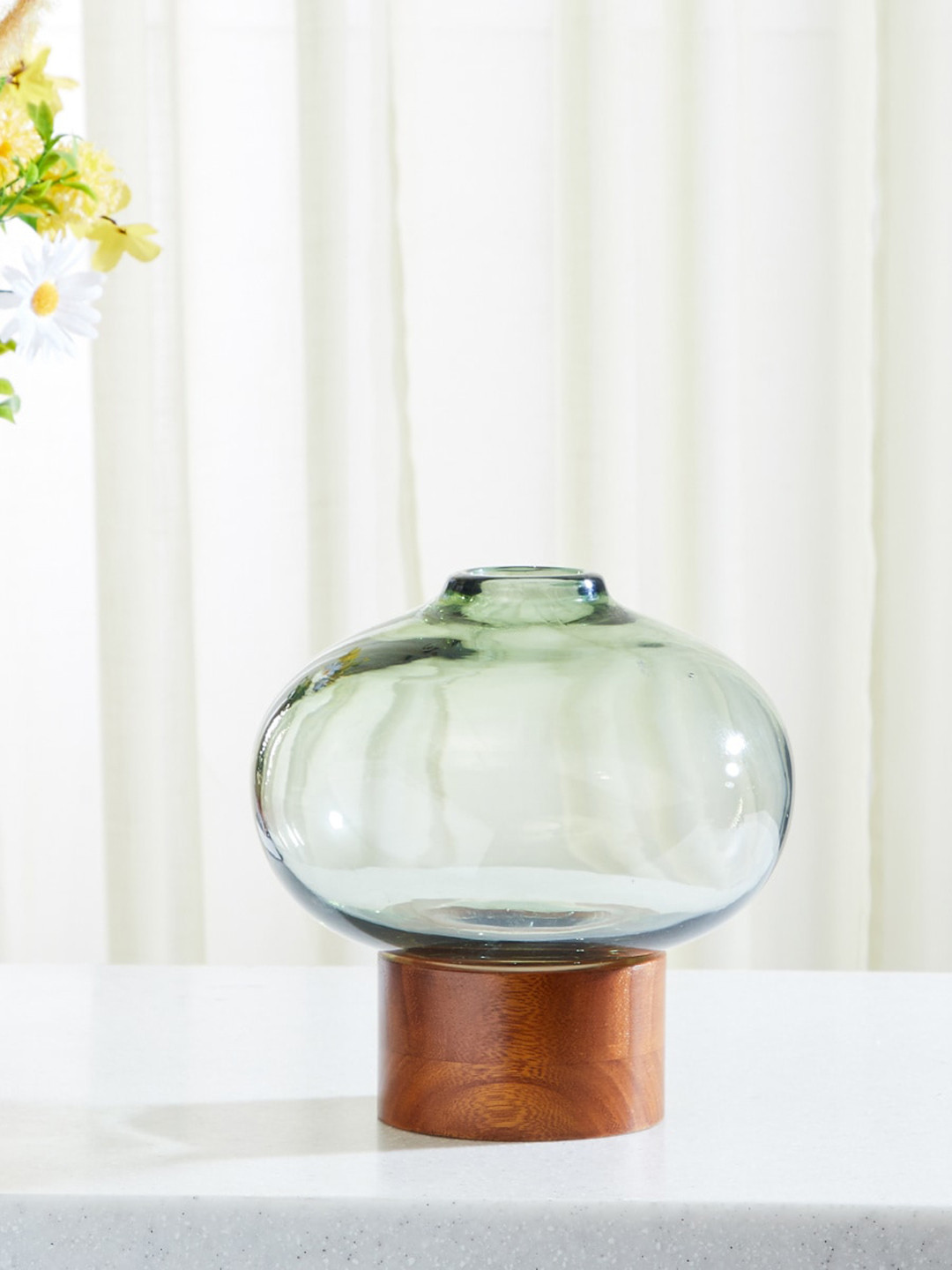 Buy Home Centre Green & Brown Glass Vase With Wooden Base - Vases for ...