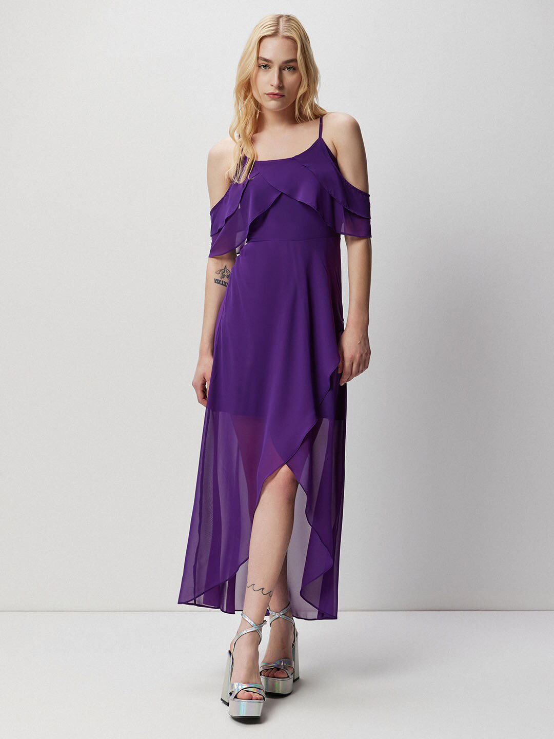 Buy COVER STORY Purple Cold Shoulder Ruffled A Line Midi Dress ...