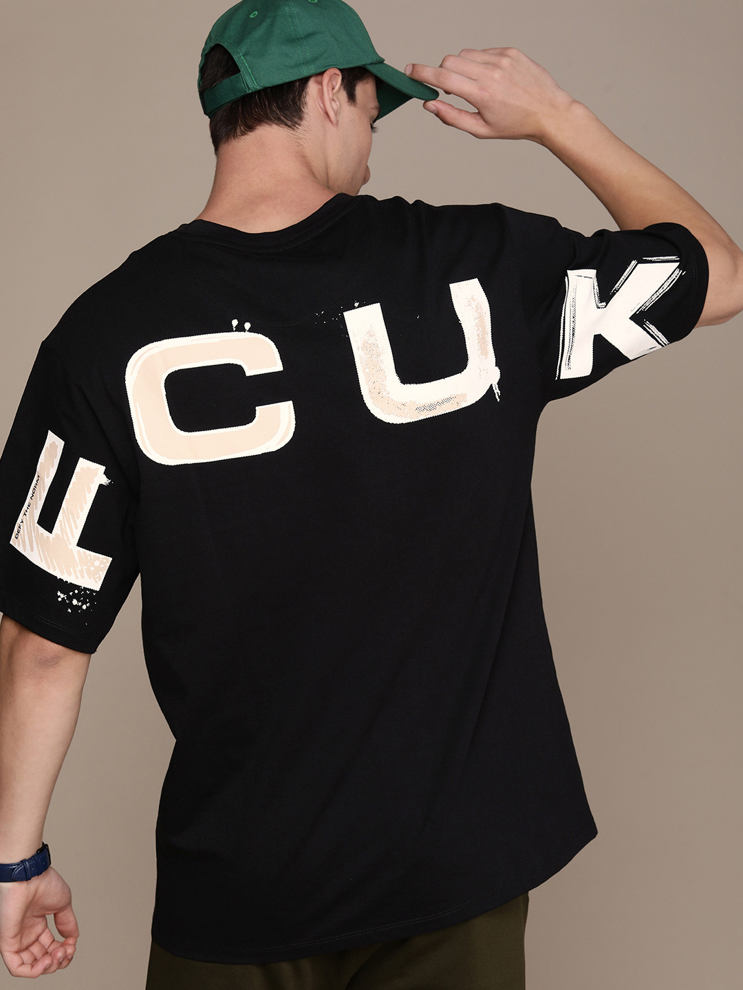 Buy FCUK Brand Logo Printed Drop Shoulder Sleeves Pure Cotton T Shirt ...