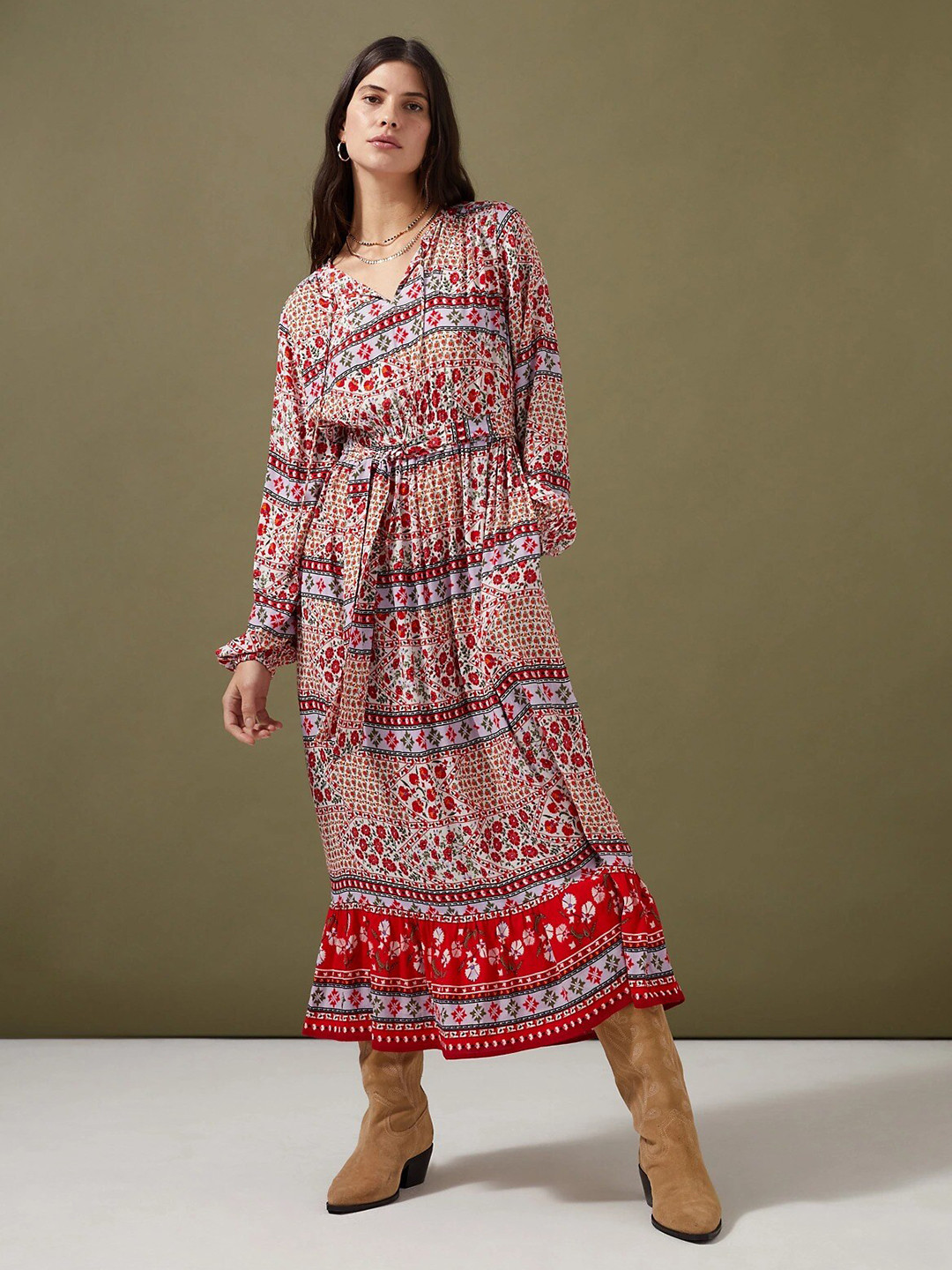 Buy Marks & Spencer Floral Printed Tie Up Neck Fit & Flare Midi Dress ...