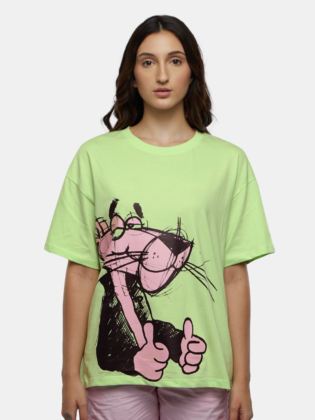 Buy The Souled Store Green Pink Panther Printed Pure Cotton Oversized T