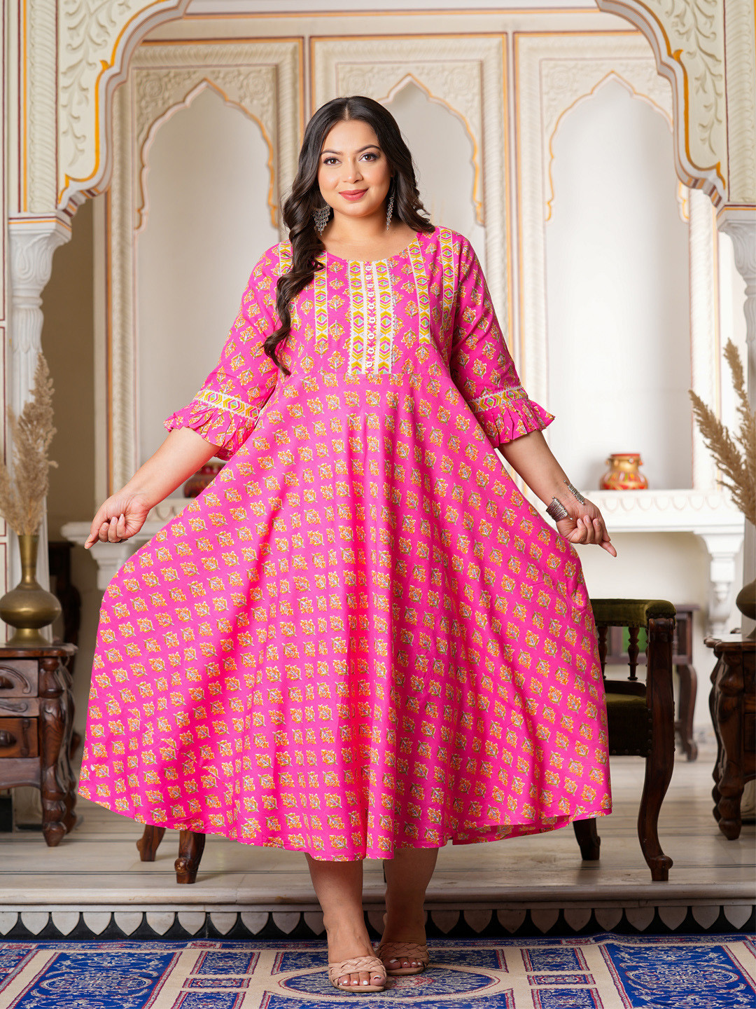 Buy YASH GALLERY Floral Printed Gotta Patti A Line Calf Ethnic Dress ...