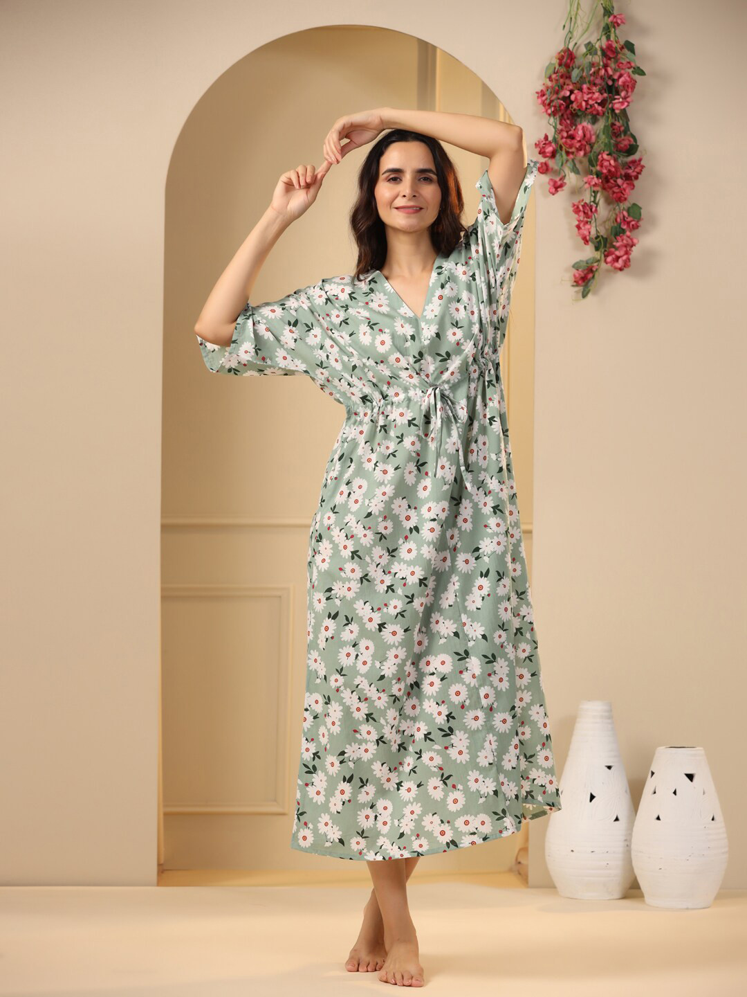 Buy SANSKRUTIHOMES Green Floral Printed Pure Cotton Maxi Nightdress ...
