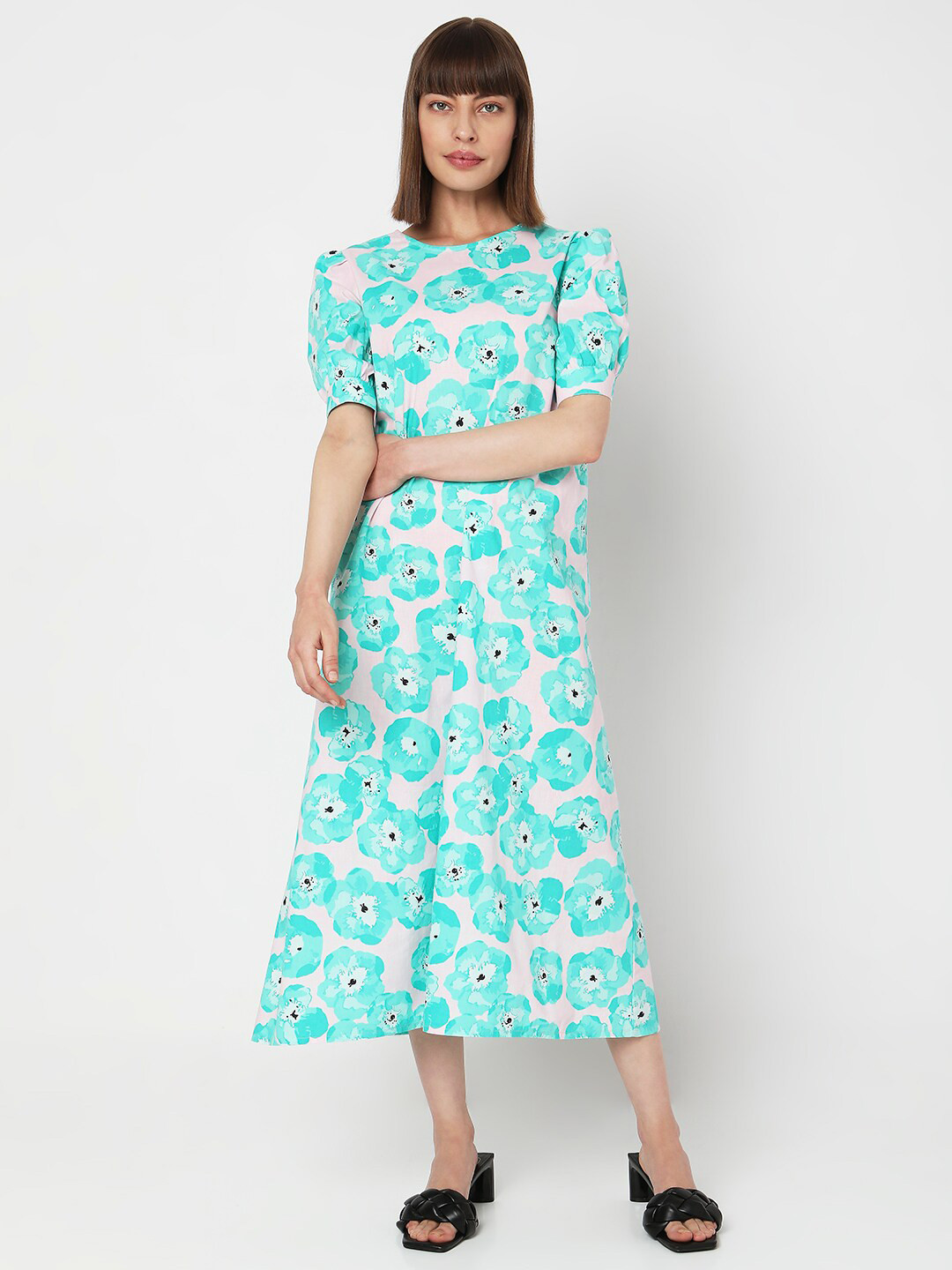Buy Vero Moda Floral Printed Puff Sleeve Midi Cotton A Line Dress ...
