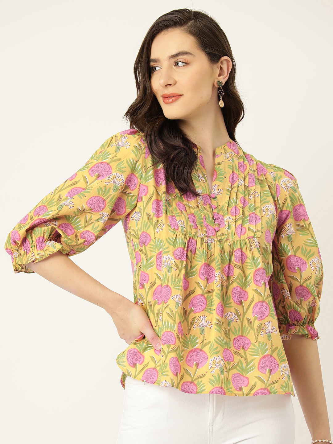Buy Antheaa Floral Print Mandarin Collar Puff Sleeve Cotton Top Tops