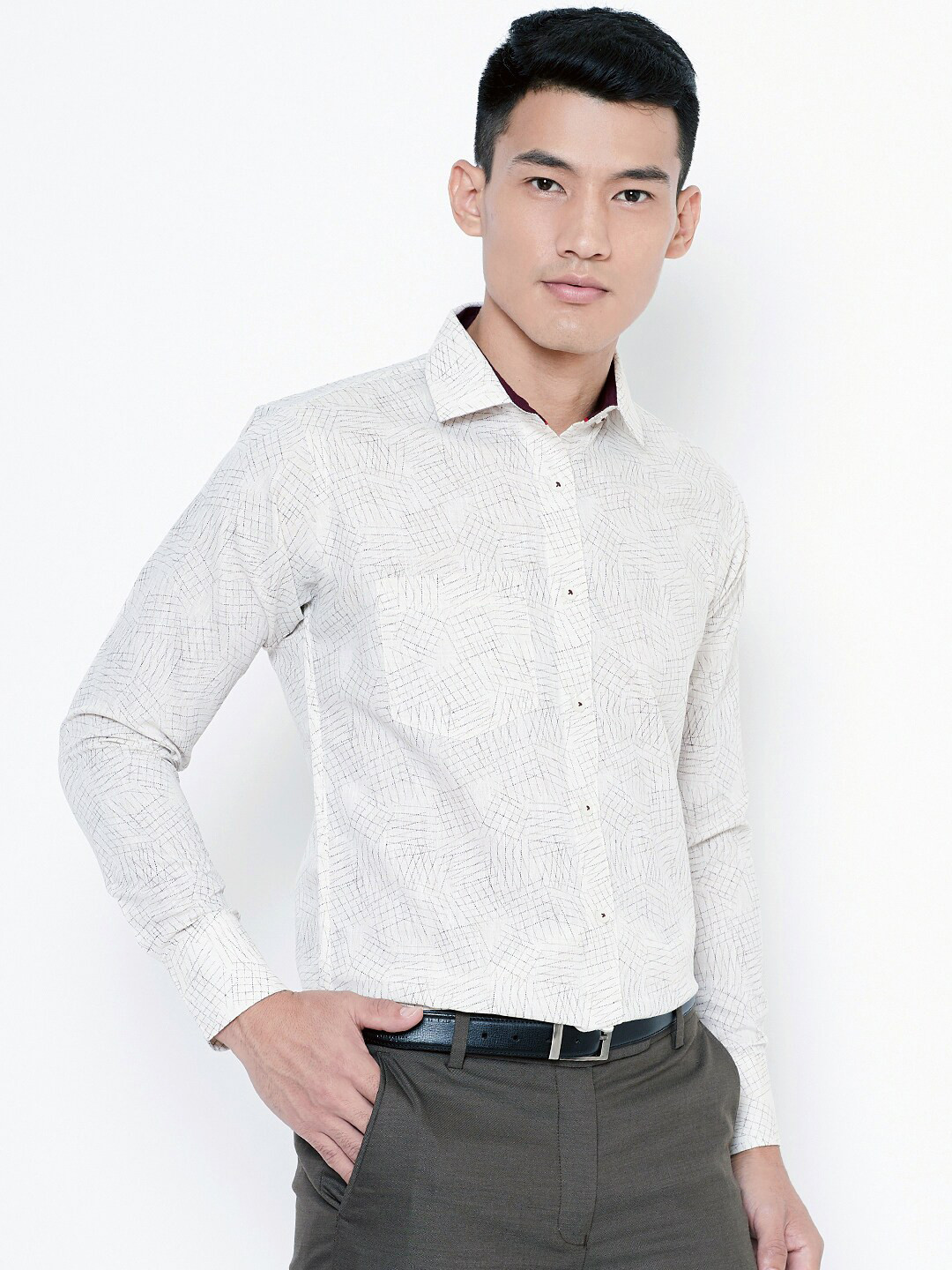 Buy Shaftesbury London Geometric Printed Spread Collar Oxford Cotton ...