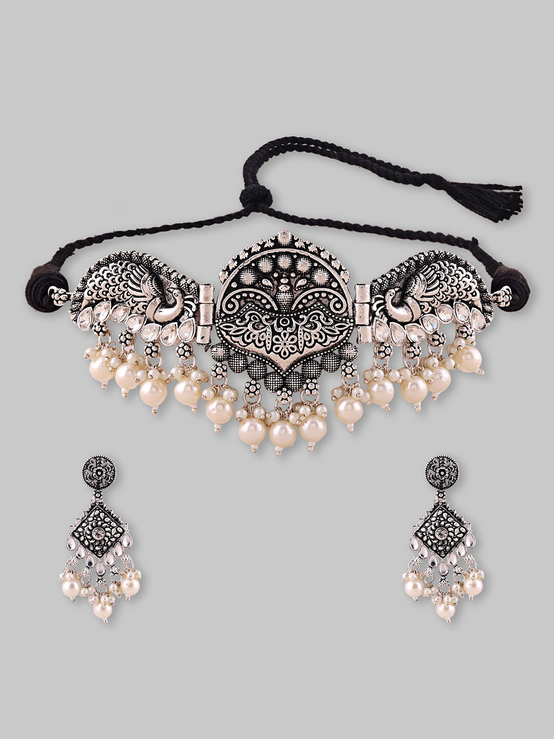 Buy Samridhi DC Silver Plated Crystal Studded & Beaded Jewellery Set ...
