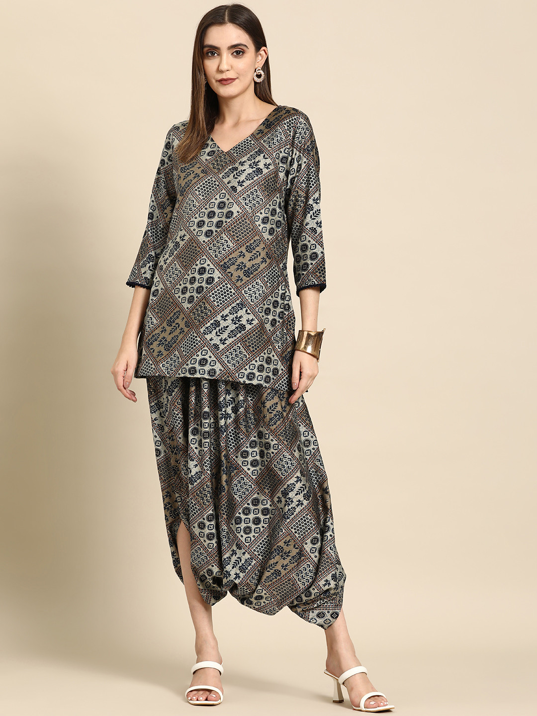Buy Anouk Ethnic Motifs Foil Printed Fusion Kurti With Dhoti Pants ...