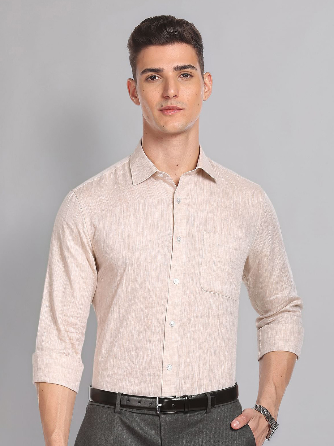 Buy AD By Arvind Self Design Pure Linen Formal Shirt - Shirts for Men ...