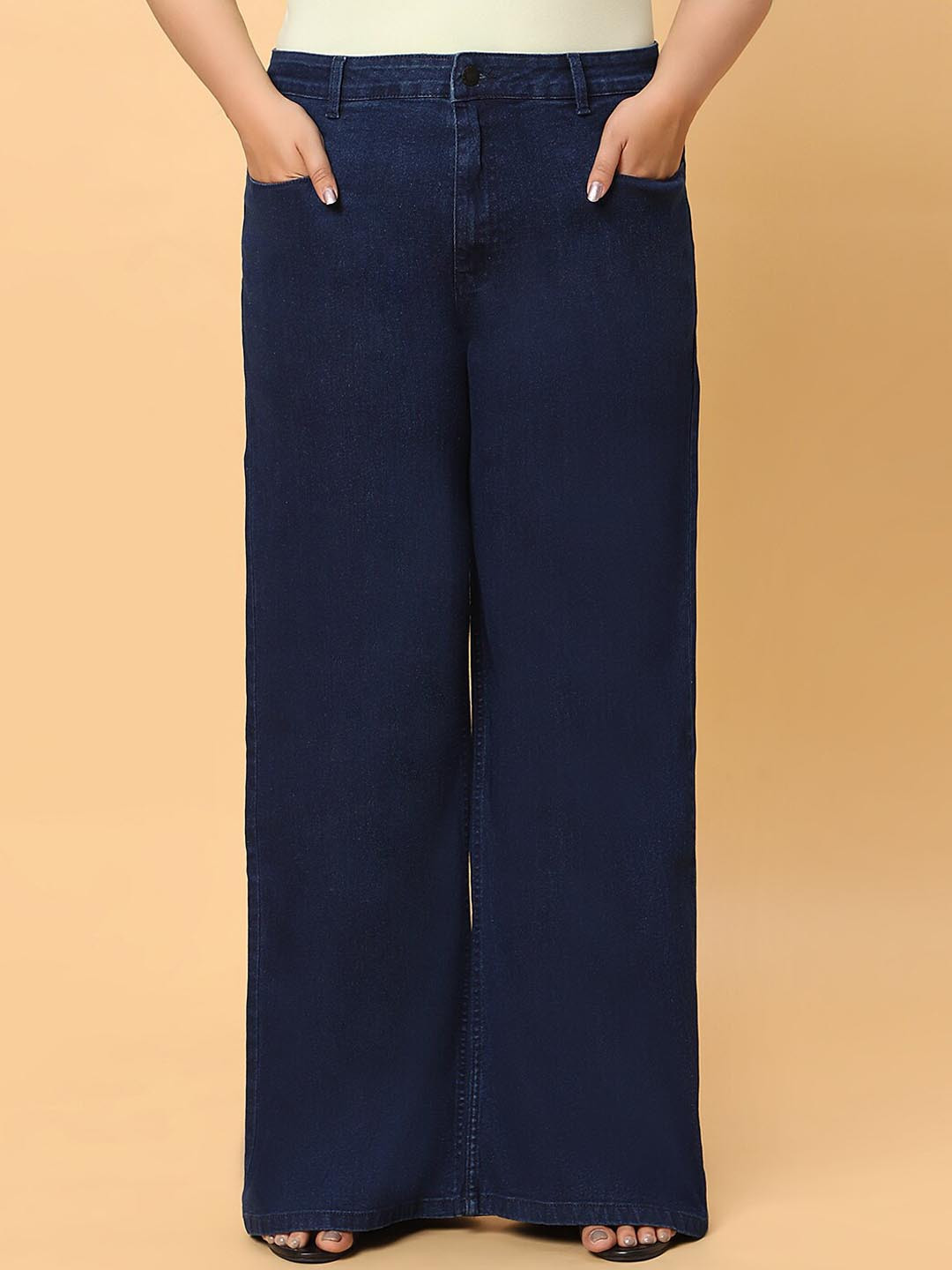 Buy HJ HASASI Women Blue Wide Leg High Rise Low Distress Stretchable ...