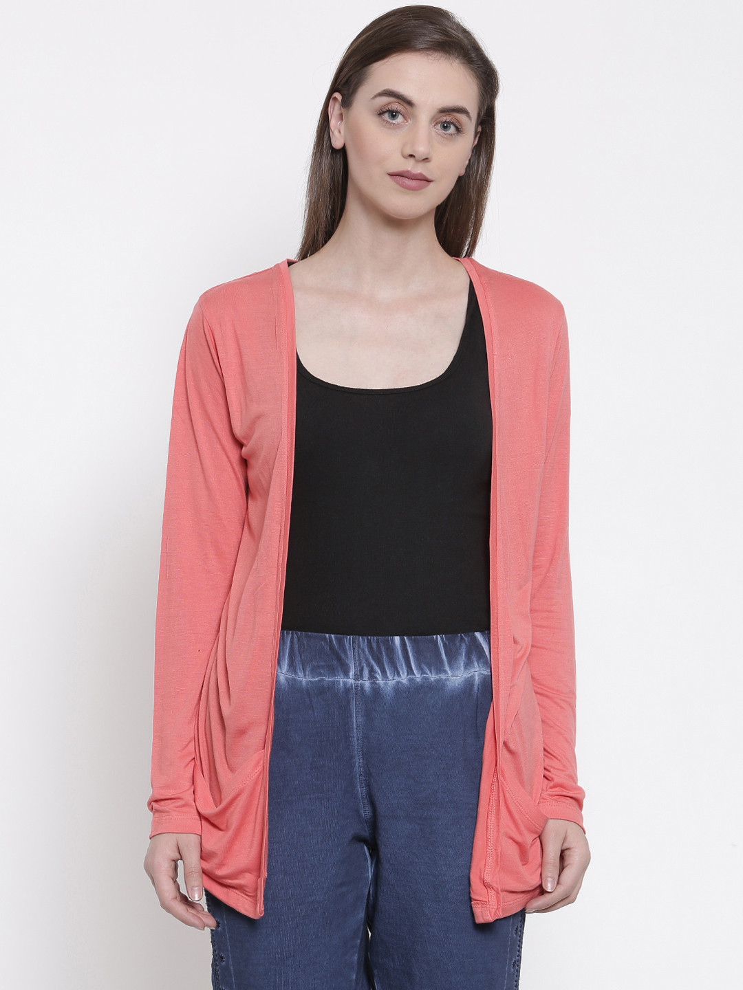Buy People Coral Pink Solid Open Front Longline Shrug - Shrug for Women ...