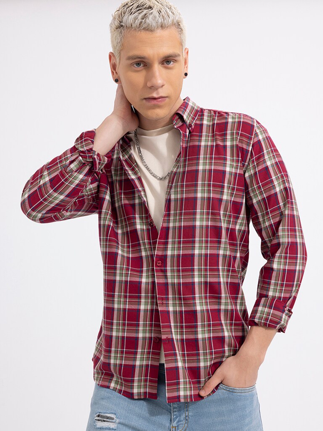 Buy Snitch Red Tartan Checks Slim Fit Cotton Casual Shirt Shirts For