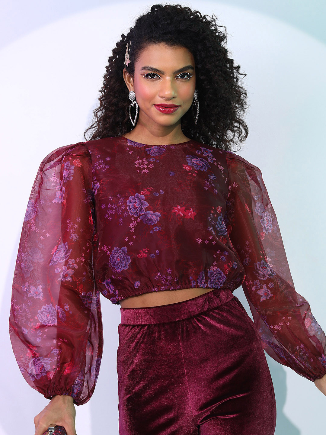Buy Tokyo Talkies Green & Violet Floral Printed Blouson Top - Tops for ...